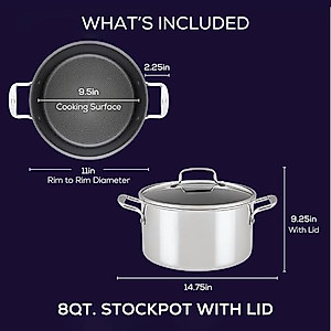 Circulon C1 Series Clad Stainless Steel with ScratchDefense Technology Cookware Nonstick Induction Stockpot with Lid, Metal Utensil Safe, 8 Quart - Polished Stainless Steel