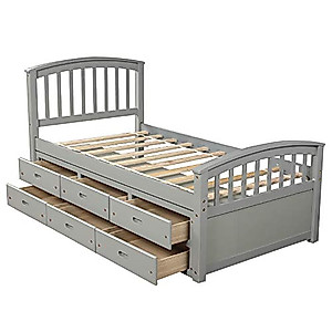 Merax Solid Wood Storage Bed Frame with 6 Drawers, Wooden Slat Support, No Box Spring Needed Grey