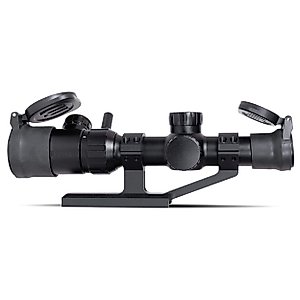 Monstrum 1-4x20 Rifle Scope with Rangefinder Reticle | ZR255 H-Series Offset Scope Mount | Monstrum Flip Up Lens Cover Set | Bundle
