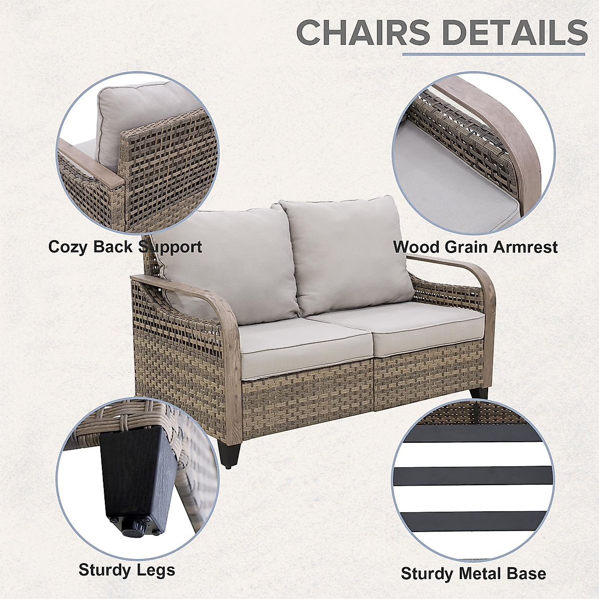 COOS BAY Wicker Outdoor Furniture Loveseat Sofa, Small Balcony Furniture Outdoor Loveseat 2 Seat Couch w/Cushions for Patio Backyard Deck Porch, Brown/Gray