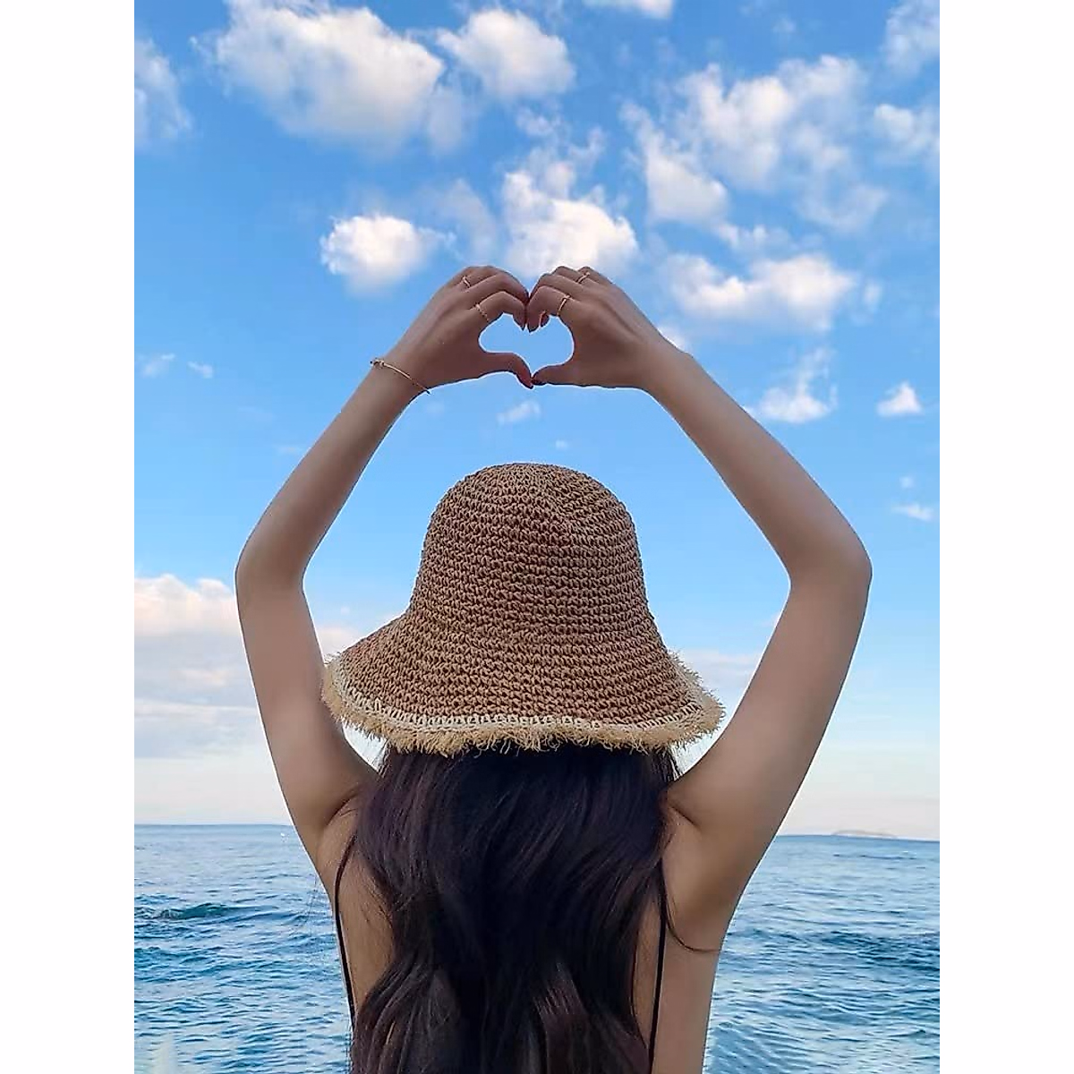 Floppy Straw Sun Hat for Womens Foldable Packable Wide Brim Summer Beach Hat Crochet Frayed Bucket Hat (M, Khaki)