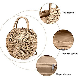 QTKJ Mini Beach Round Rattan Straw Bag, Summer Hand Woven Bali Straw Tote Crossbody Handbag for Womens, Round Handle Beach Handbags (Khaki)