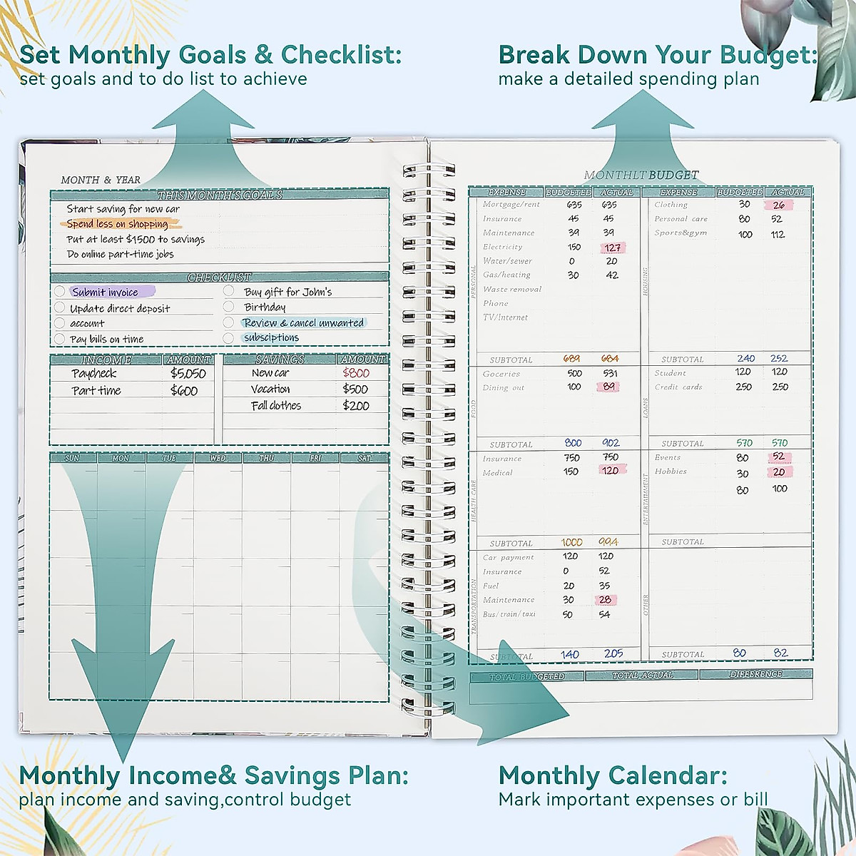 EHWINE Monthly Budget Planner - Expense Tracker Notebook, 12 Month Budget Book, Undated Bill Tracker & Finance Planner to Manage Your Money, with Stickers and Inner Pocket, A5 Size