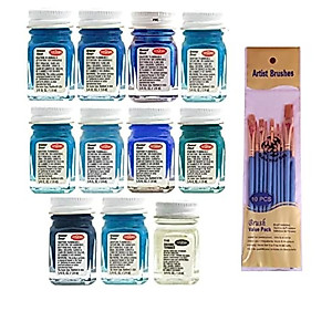 Testors Blue Enamel Paint Variety, Blue, Dark Blue, Metal Flake Blue, Sea Blue, Light Blue, Sky Blue, Artic Blue Metallic, Blue Fluorescent, Turquoise, Teal, and Thinner 1/4 oz (Pack of 11) - with MYD Paint Brushes