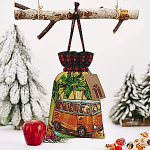 Allgobee Christmas Drawstring Gift Bags Vintage-Bus-Surfboard-Flower Buffalo Plaid Drawstring Bag Party Favors Bags