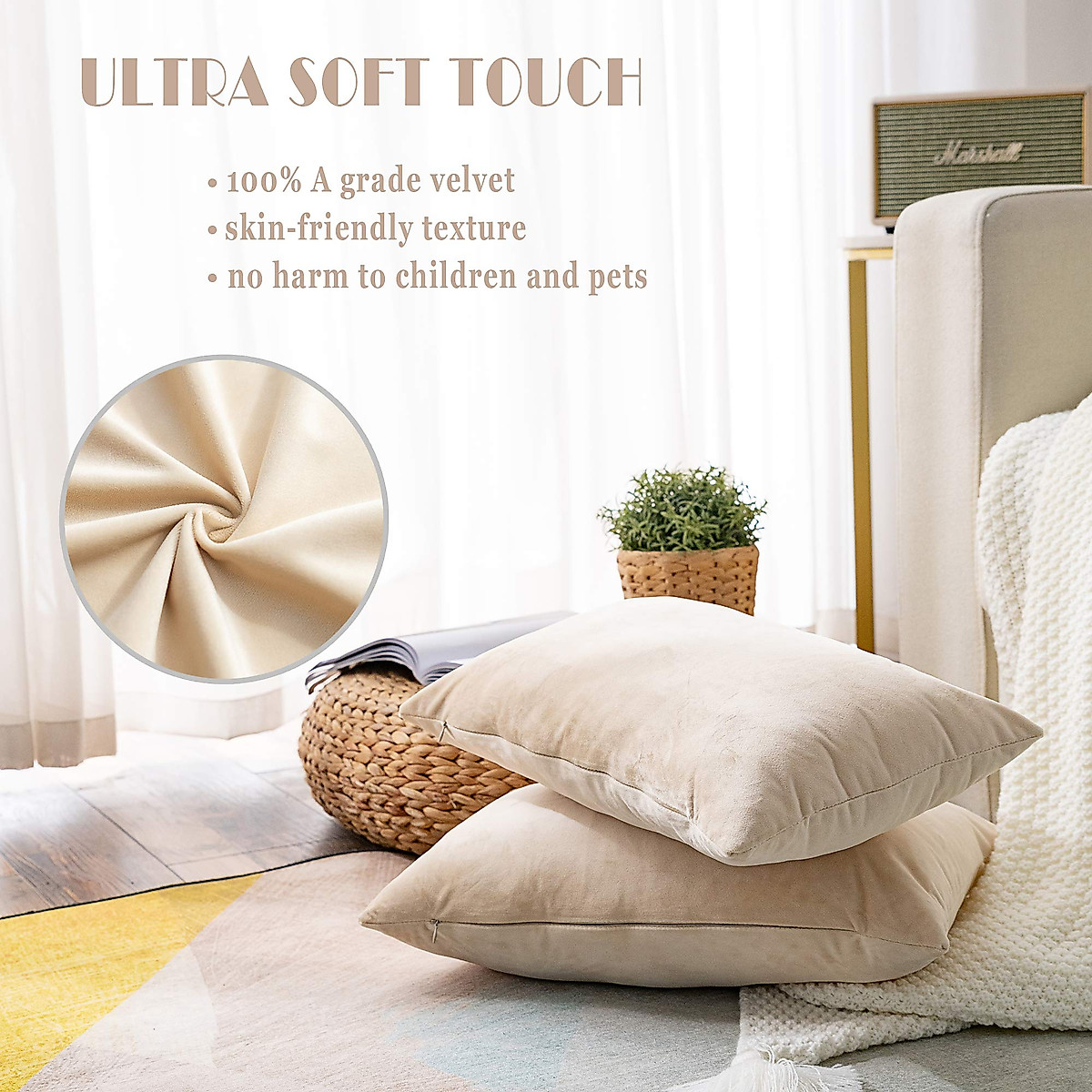 Stellhome Pack of 2 Super Soft Throw Pillow Covers Rectangle Solid Velvet Pillowcase for Bed Couch Sofa Bench, 12 x 20 inch (30 x 50 cm), Beige