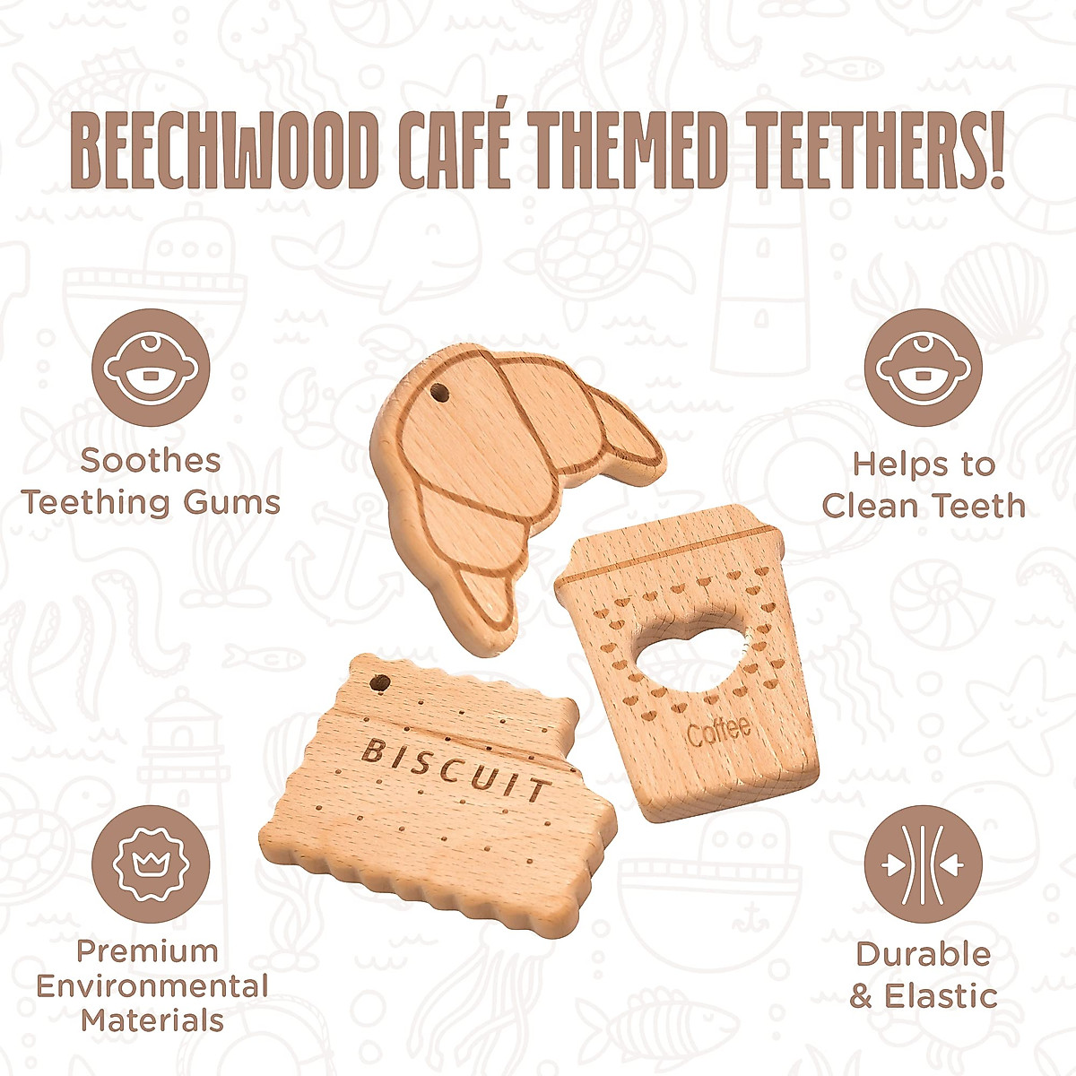 French Cafe-Themed Wooden Toys Set, Natural Wooden Play Food, Handcrafted Beech Wood Toys, Non-Toxic Wooden Food Set for Kids, Teether Toy Food Set of 3