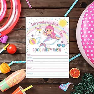 Your Main Event Prints Mermaid Unicorn Pool Party Birthday Invitations - Summer Pool Party Bash - Splash Pad, Water Park Invites - 20 Fill-In Unicorn Mermaid Invitations and White Envelopes