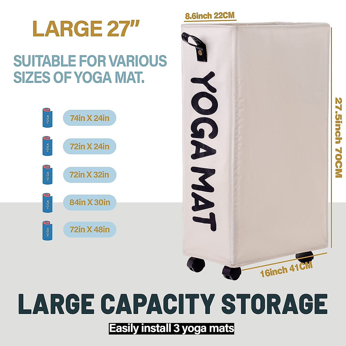 Twira Yoga Mat Storage Racks, Home Gym Storage Rack for Foam Roller, Yoga Strap and Resistance Bands, Workout Equipment Corner Yoga Mat Holder with Wheels（White）