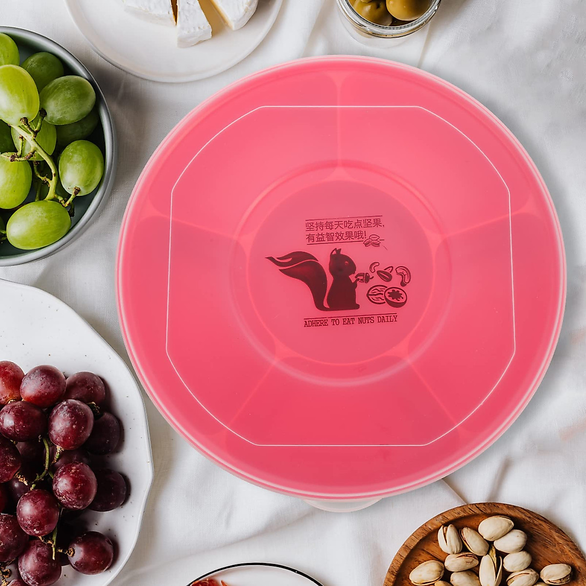 DOITOOL Candy and Nut Serving Container Divided Food Tray Snacks Plate Plastic Snack Serving Tray with Lid 6 Compartment Round Appetizer Food Organizer Red