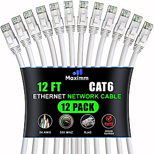 Maximm Cat 6 Ethernet Cable 12 ft (12-Pack) - High-Speed LAN Cable, Internet Cable, Patch Cable, and Network Cable - UTP, 10Gbps, 550MHz Ethernet Cord - White