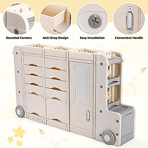 Arlopu Kids Toy Organizers and Storage Bins, Multi-Layer Storage Cabinet Organizer, Multipurpose Bookshelf and Toy Box, 1 Closed Cabinet & 10 Pull-Out Drawer for Playroom, Nursery, Large