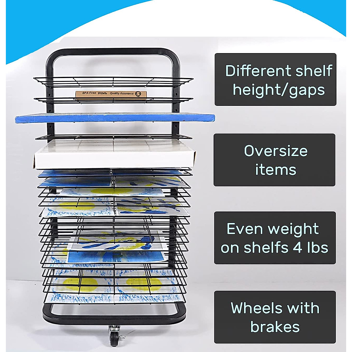 Joymaney Art Drying Rack - Mobile Metal Art Storage Rack with Extra Large 25 Removable Shelves, Art Organizer for Kids, Art Studio Organization and Storage, Artwork Storage, Craft Room