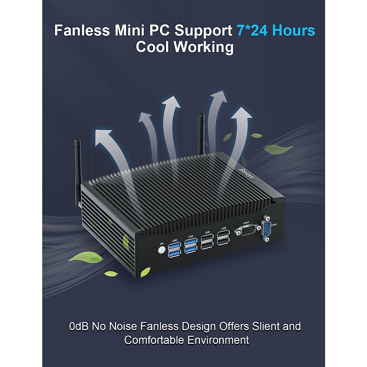 Baieyu Industrial Fanless Computer Core i5-8260U, Fanless Mini PC Preinstalled Windows 11 Pro 16GB RAM DDR4 512GB SSD, 2×HD Port, 2×RS232 COM, 4×USB 3.0, 4×USB 2.0, Auto Power On, Industrial Mini PC