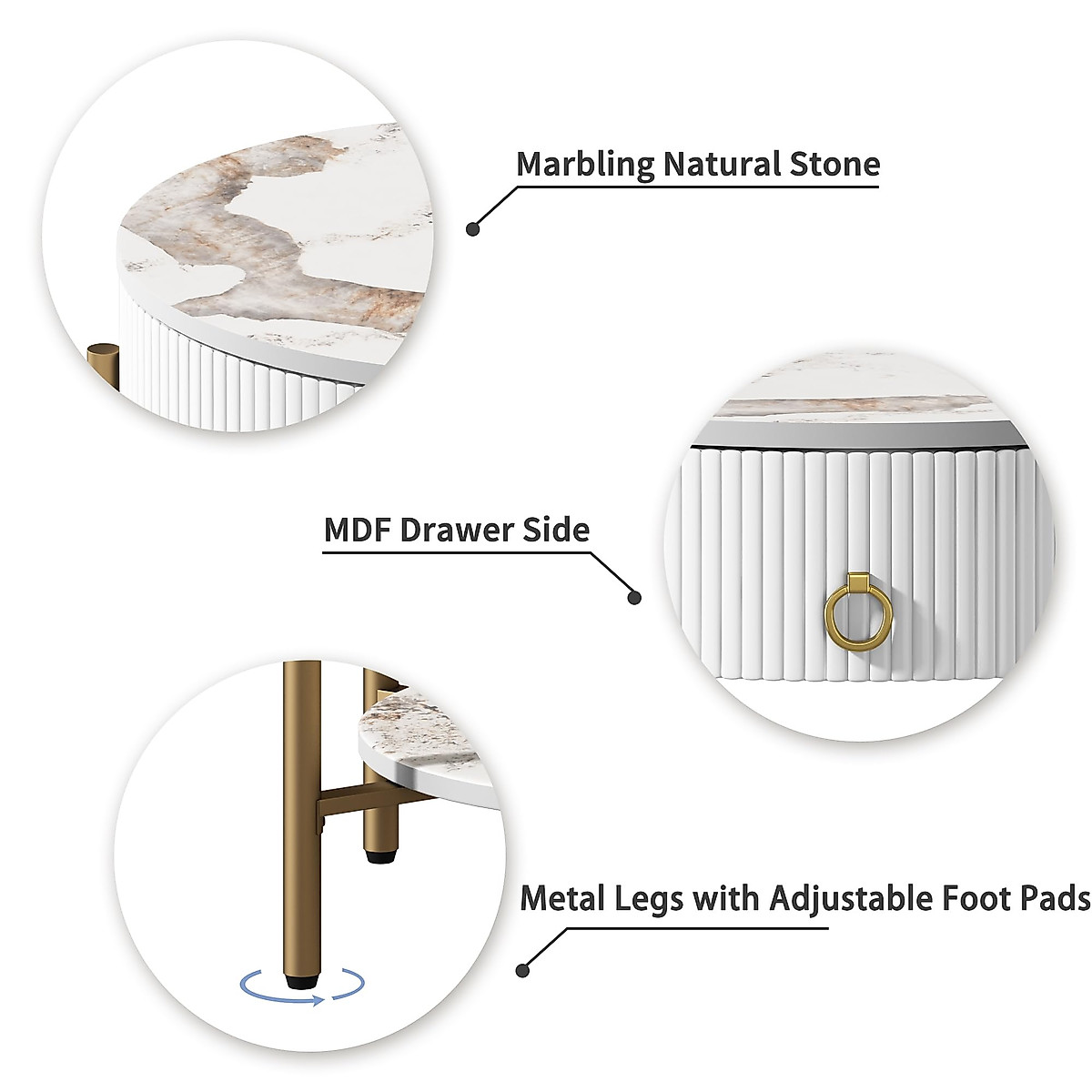 OIOG Modern End Table with Storage Drawer, Round 2-Tier Nightstand with Shelf, Gold Side Table with Metal Legs for Living Room, Bedroom, Office, Marbling Natural Stone/Gold