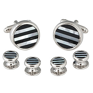 Mens Striped Onyx Mother of Pearl Tuxedo Cufflinks Studs (THAT DON'T SPIN) with Presentation Box