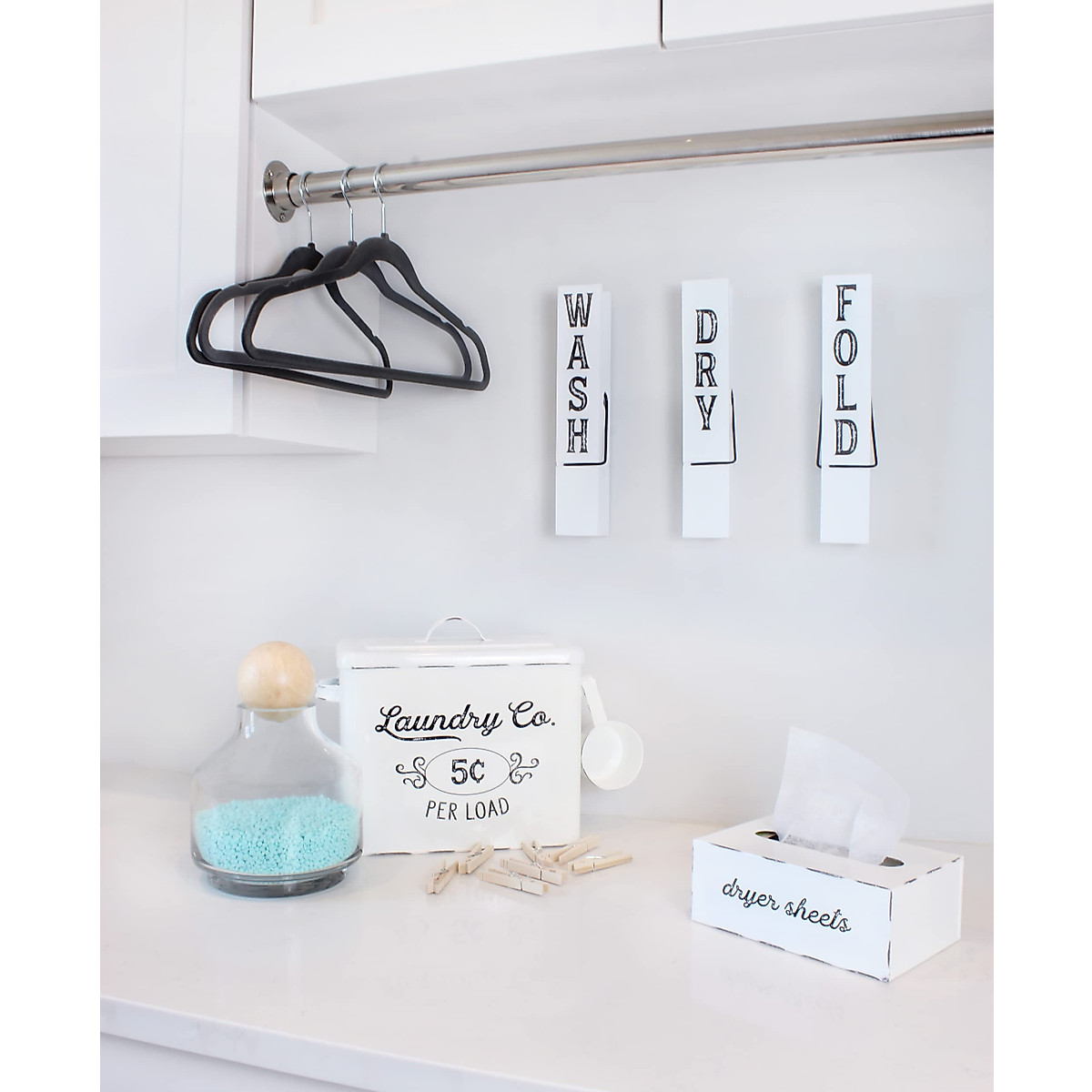 AuldHome Design Laundry Room Wall Art (Set of 3); Rustic Wood Clothespin Shaped Laundry Decor