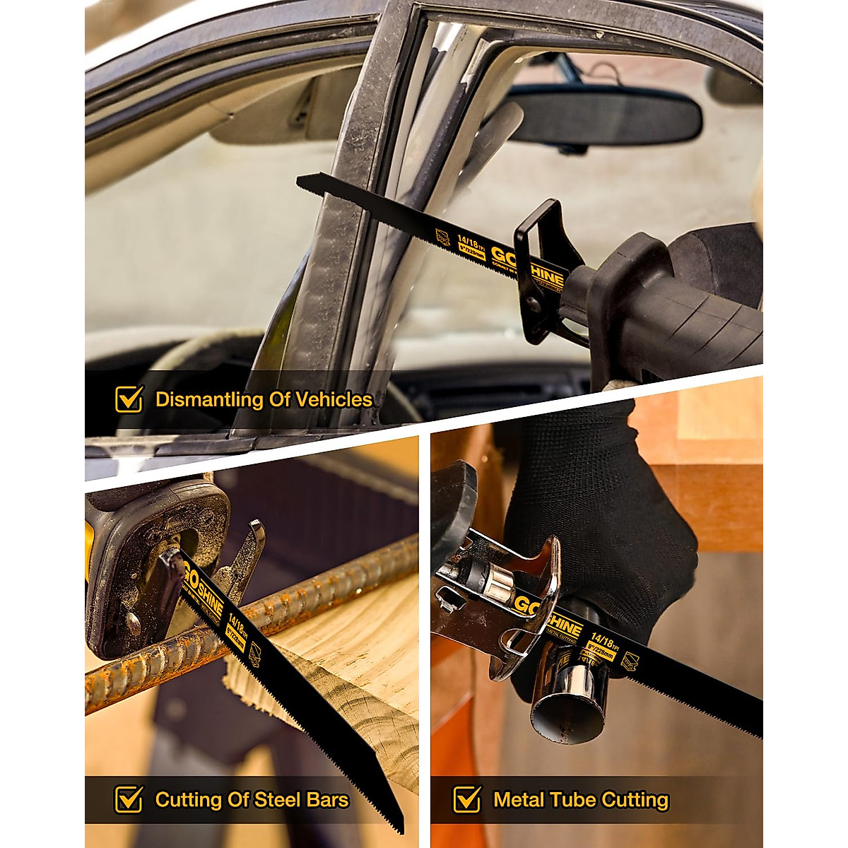 Goshine 25 Pack 9 inch 14/18TPI Bi-Metal Auto Dismantling Reciprocating Saw Blades for 1/16-5/16 Medium Metals,9" Cobalt Teeth sawzall Blades Metal