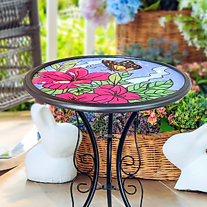 HONGLAND Outdoor Side Table Accent Round Painted Glass Desk for Garden,Patio, Dining Room 14 Inches(Butterfly)