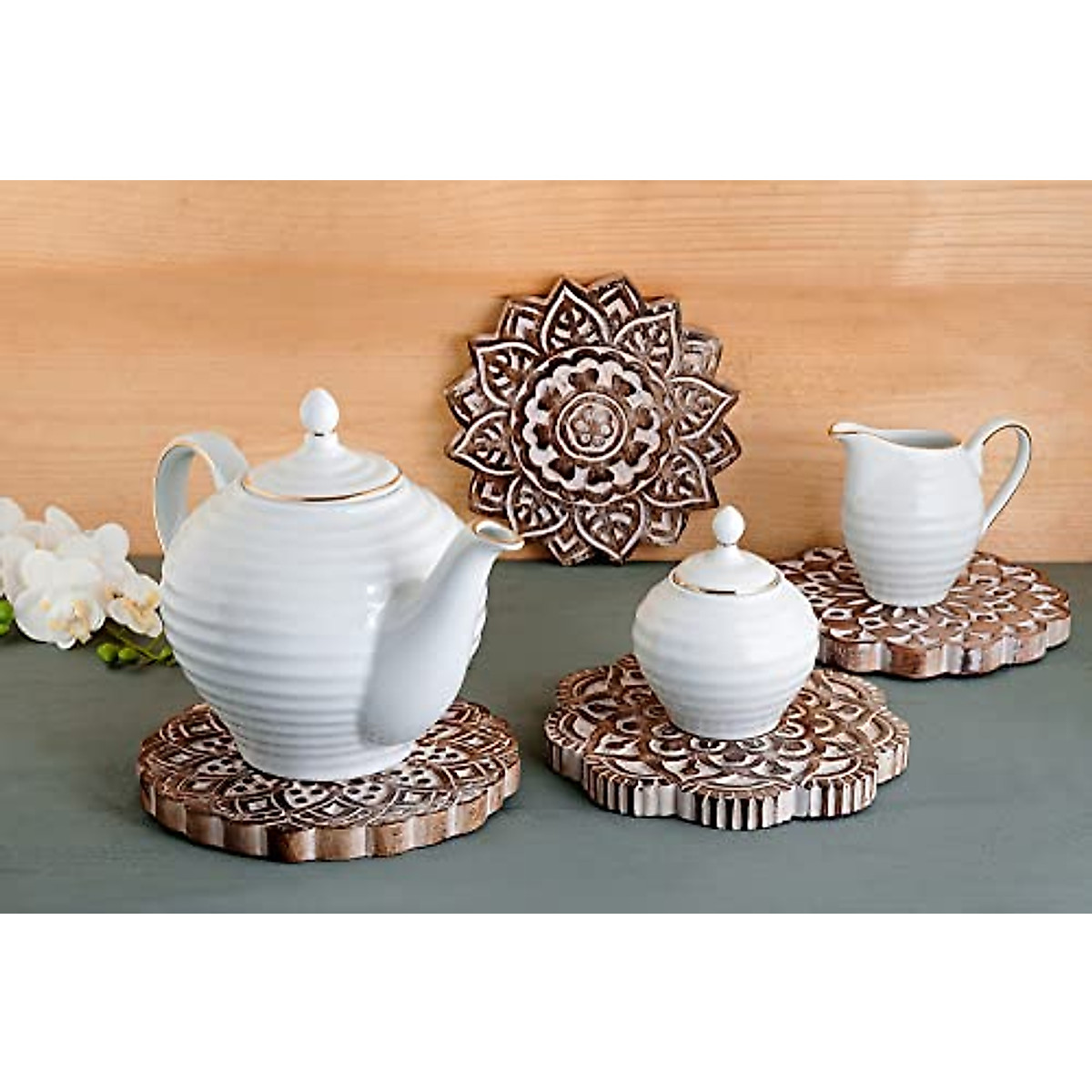 Set of 4 Wooden Trivet for Hot Dishes Pots and Pans Tea Pot Holders Nonslip Heat Resistant Kitchen Counter Accessories Housewarming Gift (MD2205) 8" Diameter