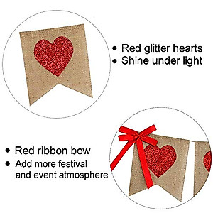 Burlap Heart Banner Garland | Red Glitter Heart | Valentine's Day Decorations| Rustic Valentines Decor | Valentines Burlap Banner | Wedding Anniversary Birthday Party Decorations Supplies