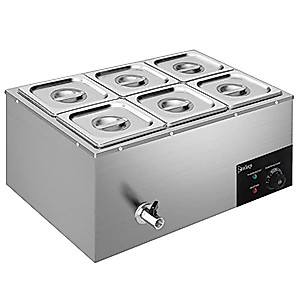 Winado 110V 6-Pan Commercial Food Warmer, 19QT Electric Steam Table 6 Inch Deep, 1200W Countertop Stainless Steel Food Soup Buffet w/Temperature Control & Lid for Catering, Restaurant, Party