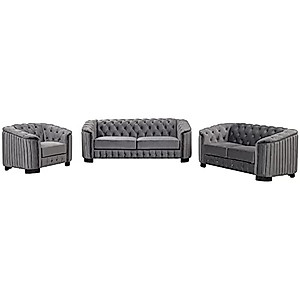 Merax Modern 3-Piece Velvet Upholstered Sofa Sets with Rubber Wood Legs, Including Three Seat Couch, Loveseat and Single Chair for Living Room, Grey - A+B+C