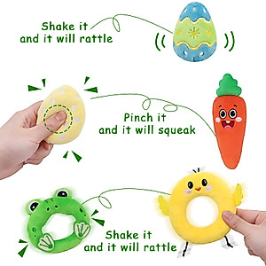 Treory Baby's First Easter Basket Playset, 6ct Stuffed Plush Easter Basket with Blue Bunny Chick Carrot Egg Frog Baby Easter Basket Stuffers Toys Easter Gifts for Boys Kids Easter Decorations