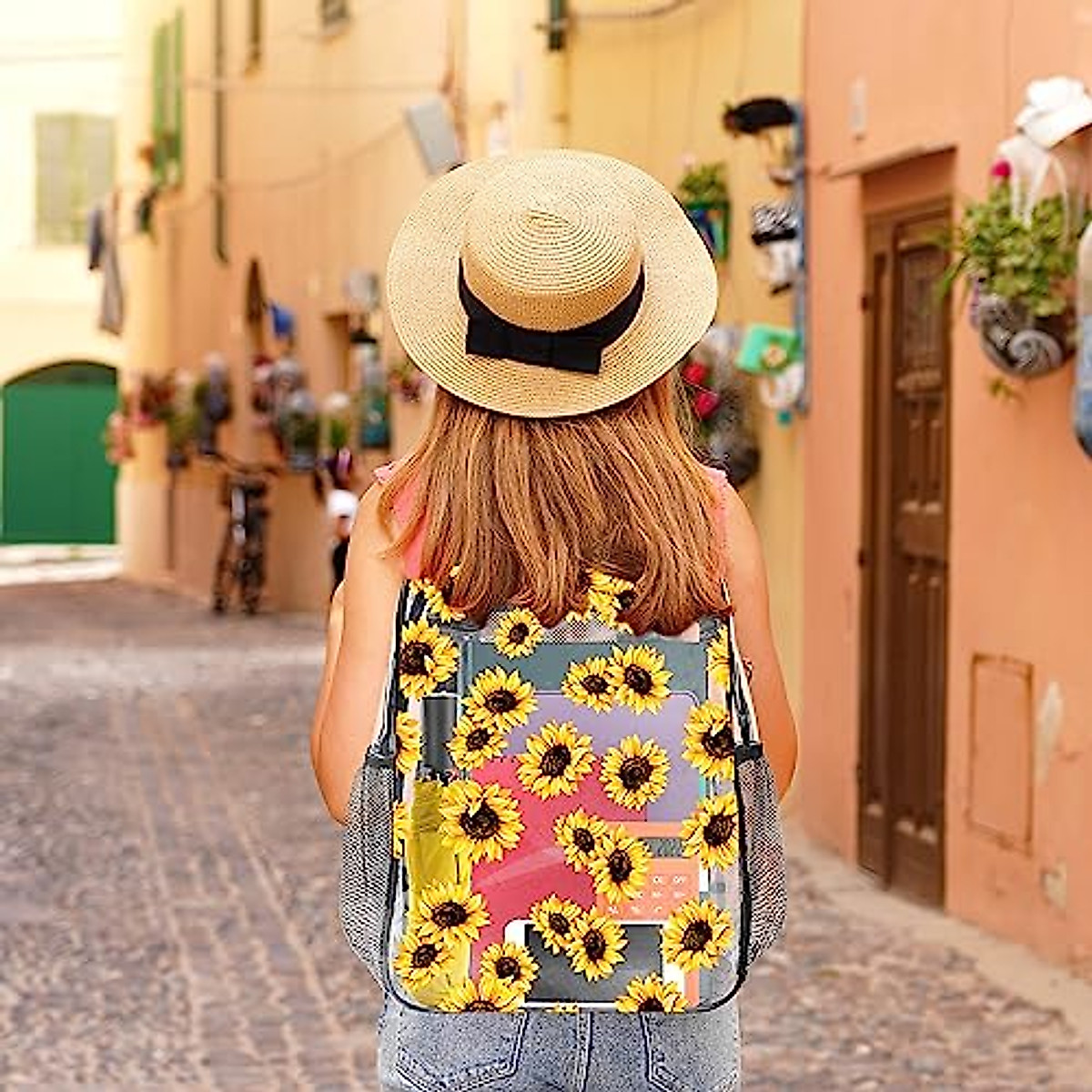 Roftidzo Sunflower Transparent Bookbag for Boys and Girls, High Capacity See Through Backpacks for Women Men, Multifunction Clear Backpack with Heavy Duty PVC Reinforced Strap for Workplace Travel