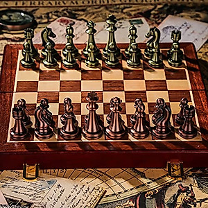 12 Inches Chess Set with Folding Wooden Chess Board and Classic Handmade Standard Pieces Metal Chess Set for Kids Adult