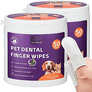 WALLZON Teeth Cleaning Finger Wipes for Dogs & Cats, Soft Pet Dental Care Wipes, Disposable Pet Tooth Brushing Wipes, Gentle Cleaning & Gum Care Finger Pet Wipes (100 Wipes)