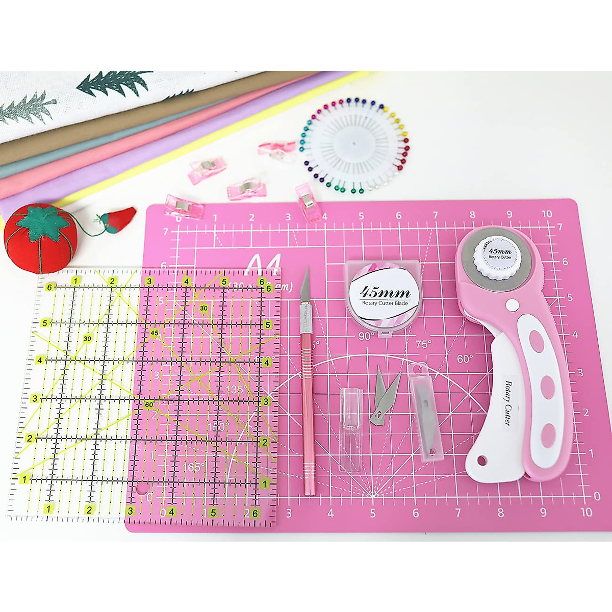 39 Pcs Rotary Cutter Set Pink - Quilting Kit incl. 45mm Fabric Cutter with 5 Extra Blades, A4 Cutting Mat, Craft Knife Set, Quilting Ruler and Sewing Clips, Ideal for Crafting, Sewing, Patchworking