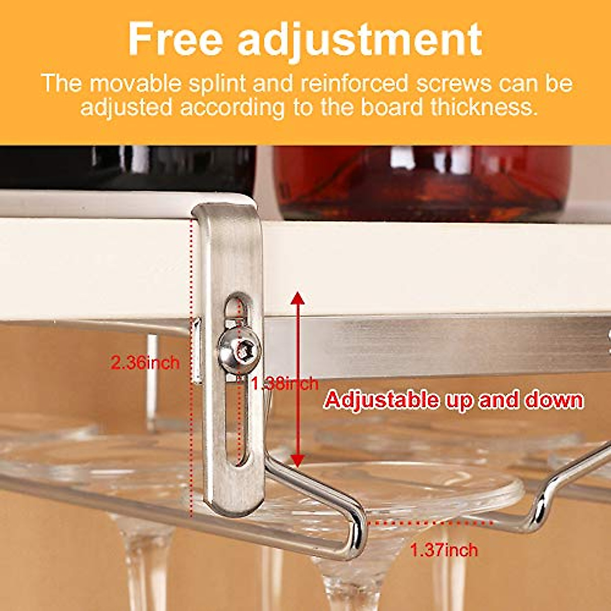 Wine Glass Rack, Stemware Glass Rack Under Cabinet Hold up to 8 Wine Glasses / 3 Rails Stemware Rack, Adjustable Stainless Steel Glasses Holder Storage Hanger for Kitchen, Bar (Silver)