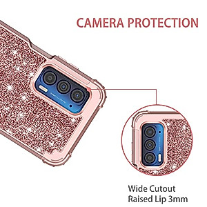 LONTECT Moto Edge 2021 Case, 5G UW Sparkly Glitter Shockproof Hybrid Protective Cover - Shiny Rose Gold