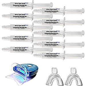 Very Strong 44% WTG Carbamide Peroxide 10 Syringes (3cc) of Teeth Whitening Gel - 1 LED Accelerator Light - 2 Trays - 1 Shade Guide -Instructions Sheet - May Cause Sensitivity and Gum Irritation