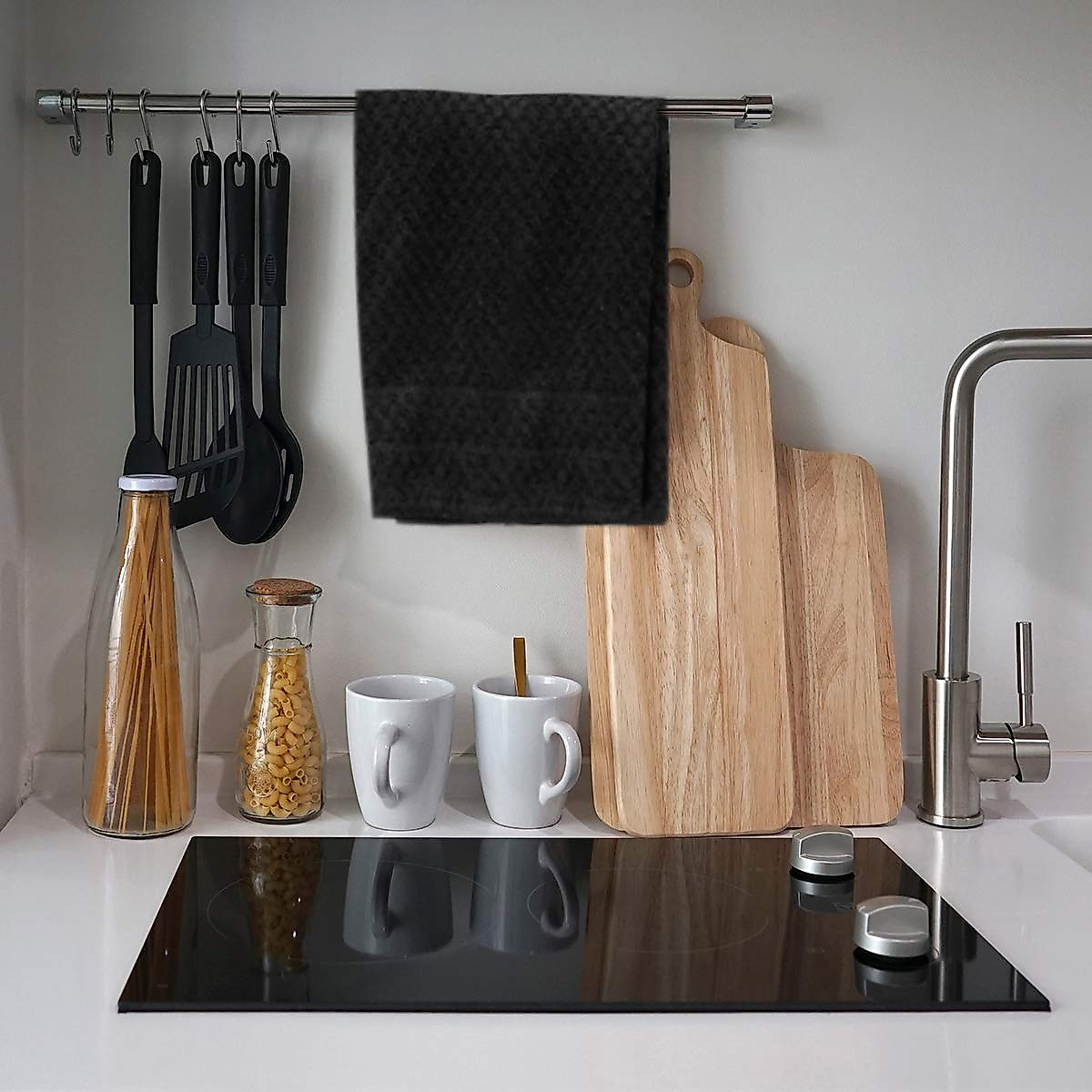 TALVANIA Kitchen Towels 100% Cotton Dobby Weave Terry Towel Set, 15" X 25", 6 Pack Soft and Absorbent Multipurpose Dish Cloth, Hand Towel and All Kitchen Cleaning Machine Washable (Black)