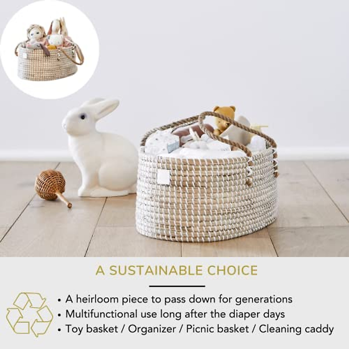 BEBE BASK Baby Diaper Caddy Organizer - Handmade Organic Seagrass - Luxury Diaper Caddy Basket - Cute Diaper Caddy for Baby Girl & Diaper Caddy for Baby Boy - Cream White (Natural)