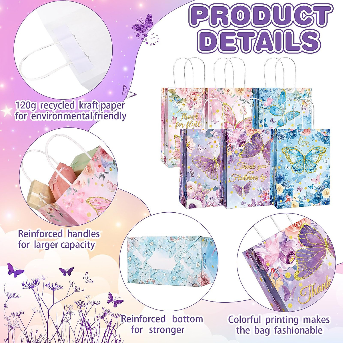 Outus 24 Pcs Butterfly Party Gift Bags Pink Purple Blue Party Gift Goodie Bags Thank You for Fluttering by Gift Bags with Handle for Butterflies Birthday Party Baby Shower Decoration