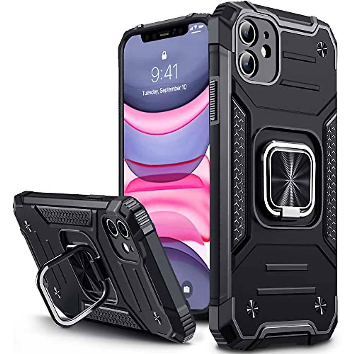 Vakoo Case for iPhone 11 6.1 Inches, with Magnetic Ring Kickstand, Military Drop Protection Rugged Sturdy Cover, Black