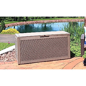 Sunnydaze 100-Gallon Faux Rattan Outdoor Deck Storage Box - Lockable Lid and Side Handles - Driftwood