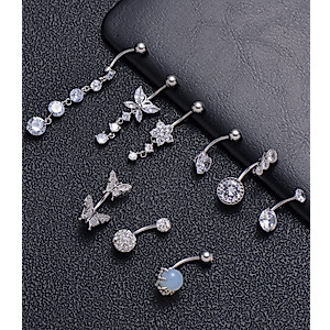 Ofeiyaa 9Pcs 14G Dangle Belly Button Rings Skull Butterfly Heart CZ Navel Rings Barbell Body Piercing Jewelry for Women