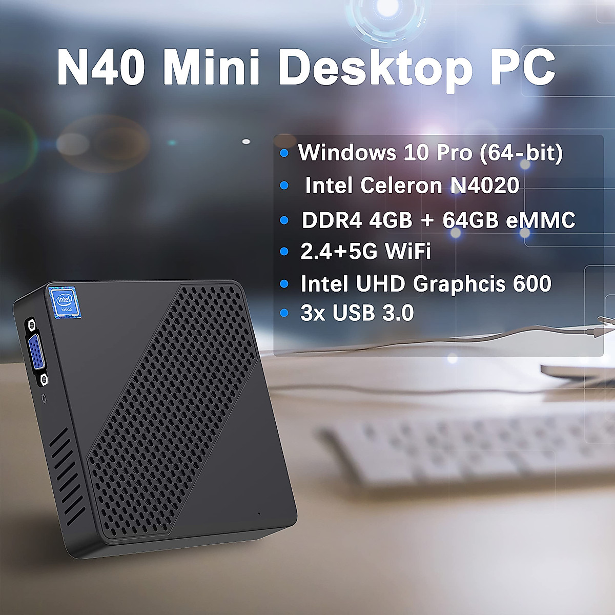 MINISFORUM N40 Mini PC UHD 4K@60Hz Celeron N4020(up to 2.8GHz) Fanless Mini Computer, DDR4 4GB+64GB eMMC, DIY SSD, Dual Band WiFi, HDMI&VGA Desktop Mini Computer