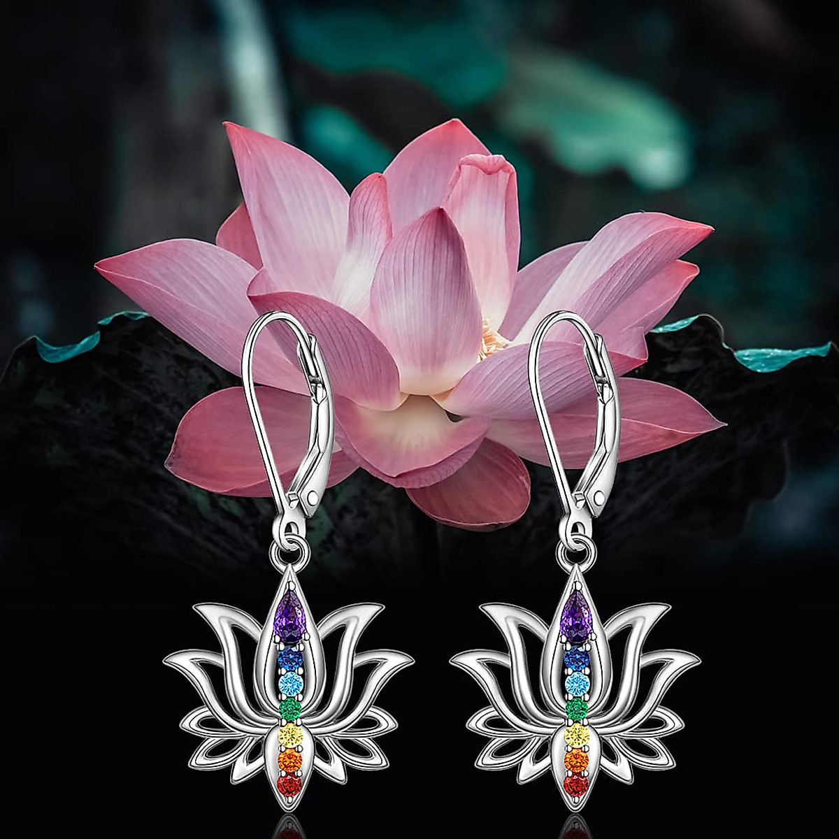 Chakra Earrings Lotus Flower 7 chakra Stones Leverback Earrings for Women Dangle Yoga Lotus Jewelry Balance Meditation