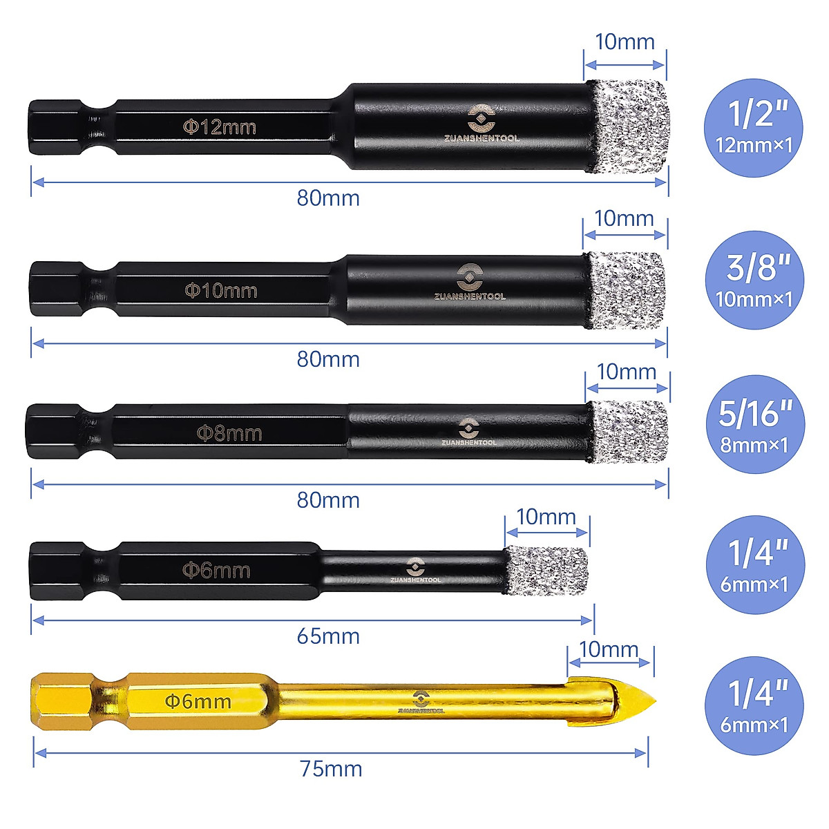 Diamond Drill Bits Set, 5 Piece Dry Diamond Hole Saw with Quick Change Hex Shank for Granite Ceramic Marble Tile Stone Glass Hard Materials (not for Wood) 1/4, 5/16, 3/8, 1/2 inch