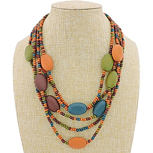 Coiris Bead Necklace for Women 5 Layers Strand Wooden Choker Necklaces for Women Chunky Statement Ethnic Bead Layered Bib Collar Necklace Hip Hop Jewelry (N0019)