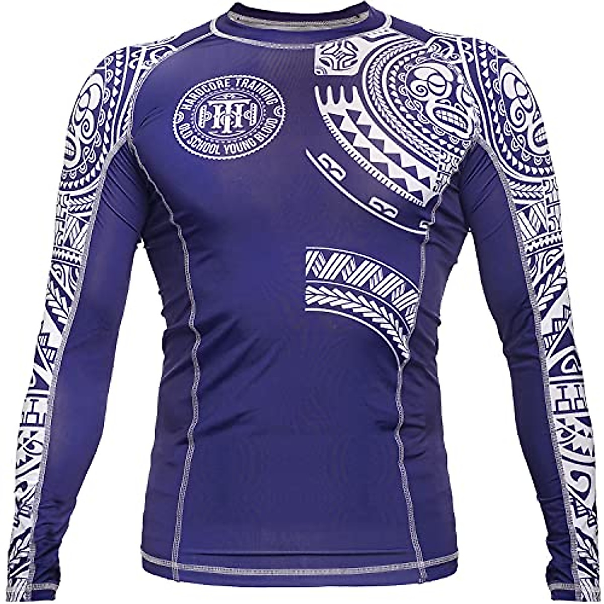 Hardcore Training Ta Moko Men's Rash Guard Compression Long Sleeve MMA No-Gi Tight BJJ Grappling Base Layer Fitness Blue White