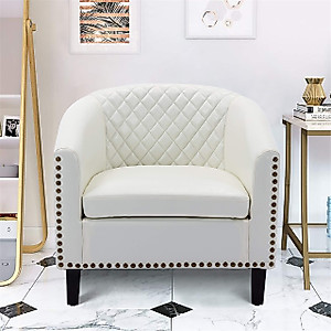 Accent Barrel Chair with Nail Head, Stylish Reading Armchair, Rivet Chair for Waiting Room, Leather Side Chair with Wood Legs,Modern Club Padded Chair for Living Room, Bedroom, Home & Office (White)