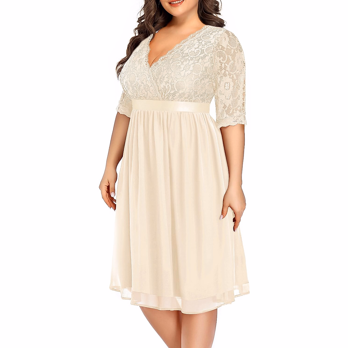 Pinup Fashion Champagne Dress Women Plus Size Bridesmaid Wedding Guest Short Homecoming Prom Formal Cocktail Lace Chiffon Midi Dress