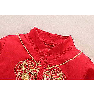 3PC Newborn Baby Girl Boy New Year Tang Suit Red Romper Bodysuit Hat Shoes Outfits (Red, 18-24 M)