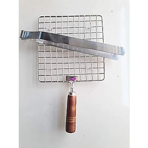 Tuelip Stainless Steel Wire Roaster & Tong, Papad Jali, Wooden Handle Roasting pan